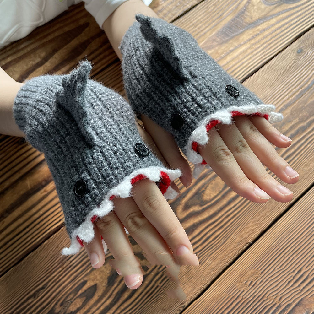 New Cartoon Grey Shark Warm Half Finger Knitted Gloves – Trendha