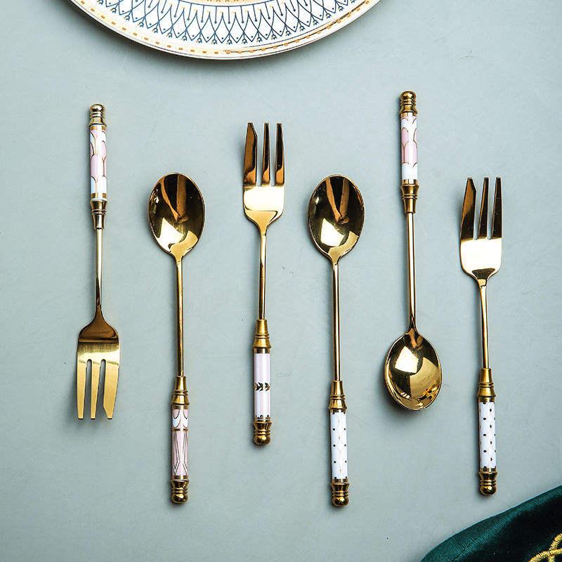 Elegant Vintage Gold and Ceramic Coffee Dessert Fork and Spoon Set ...