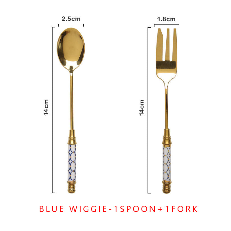 Elegant Vintage Gold and Ceramic Coffee Dessert Fork and Spoon Set ...