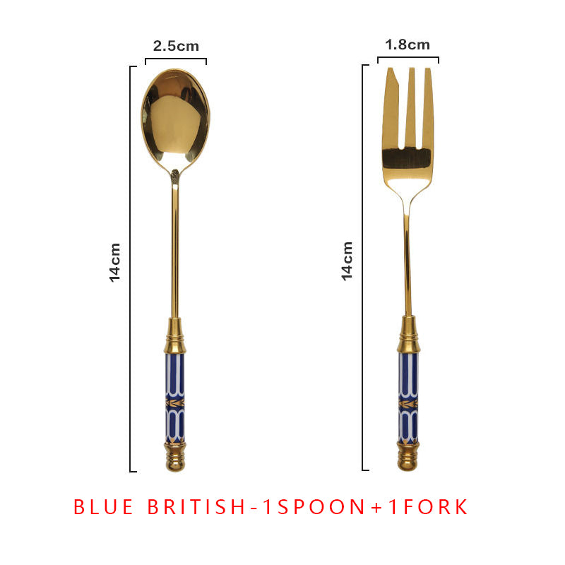 Elegant Vintage Gold and Ceramic Coffee Dessert Fork and Spoon Set ...
