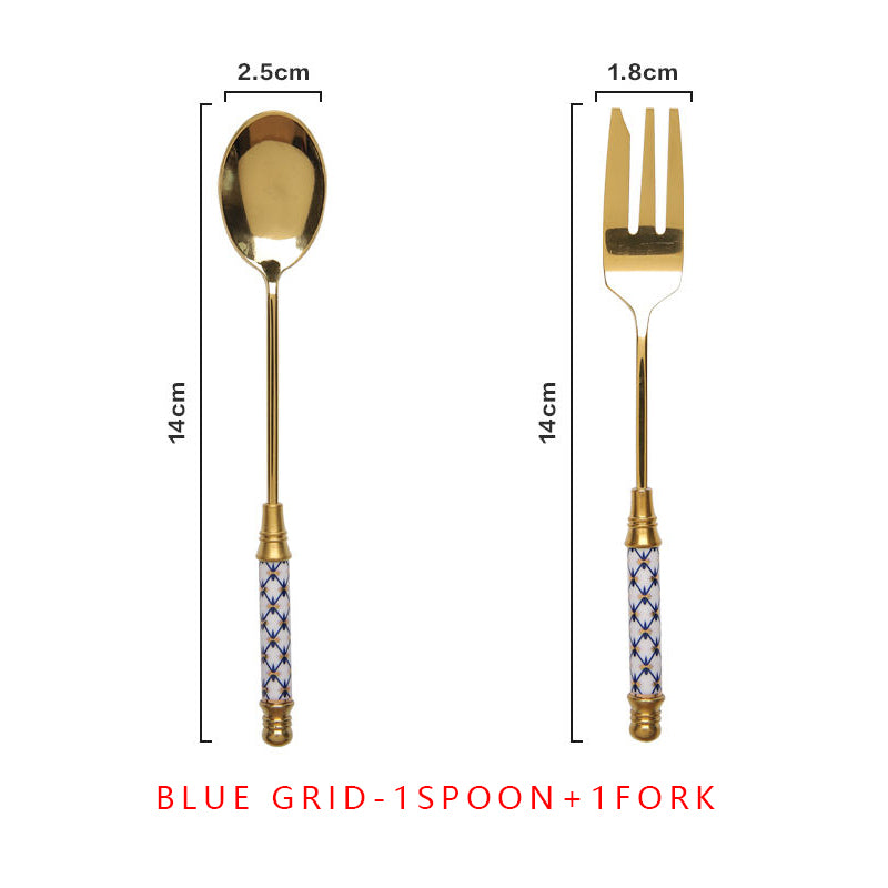 Elegant Vintage Gold and Ceramic Coffee Dessert Fork and Spoon Set ...