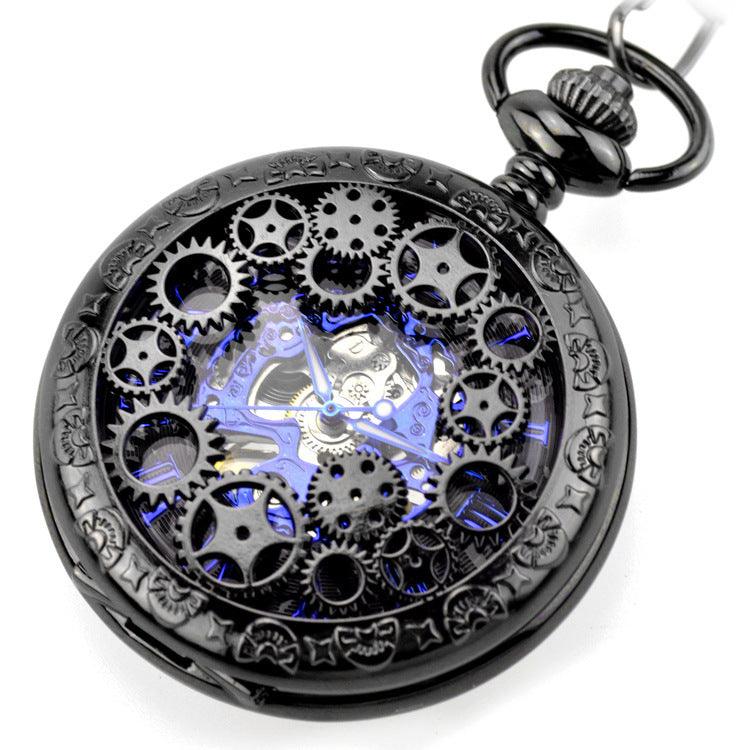 Gear Gun Black Mechanical Pocket Watch Vintage Flip Denim Chain Hollow ...